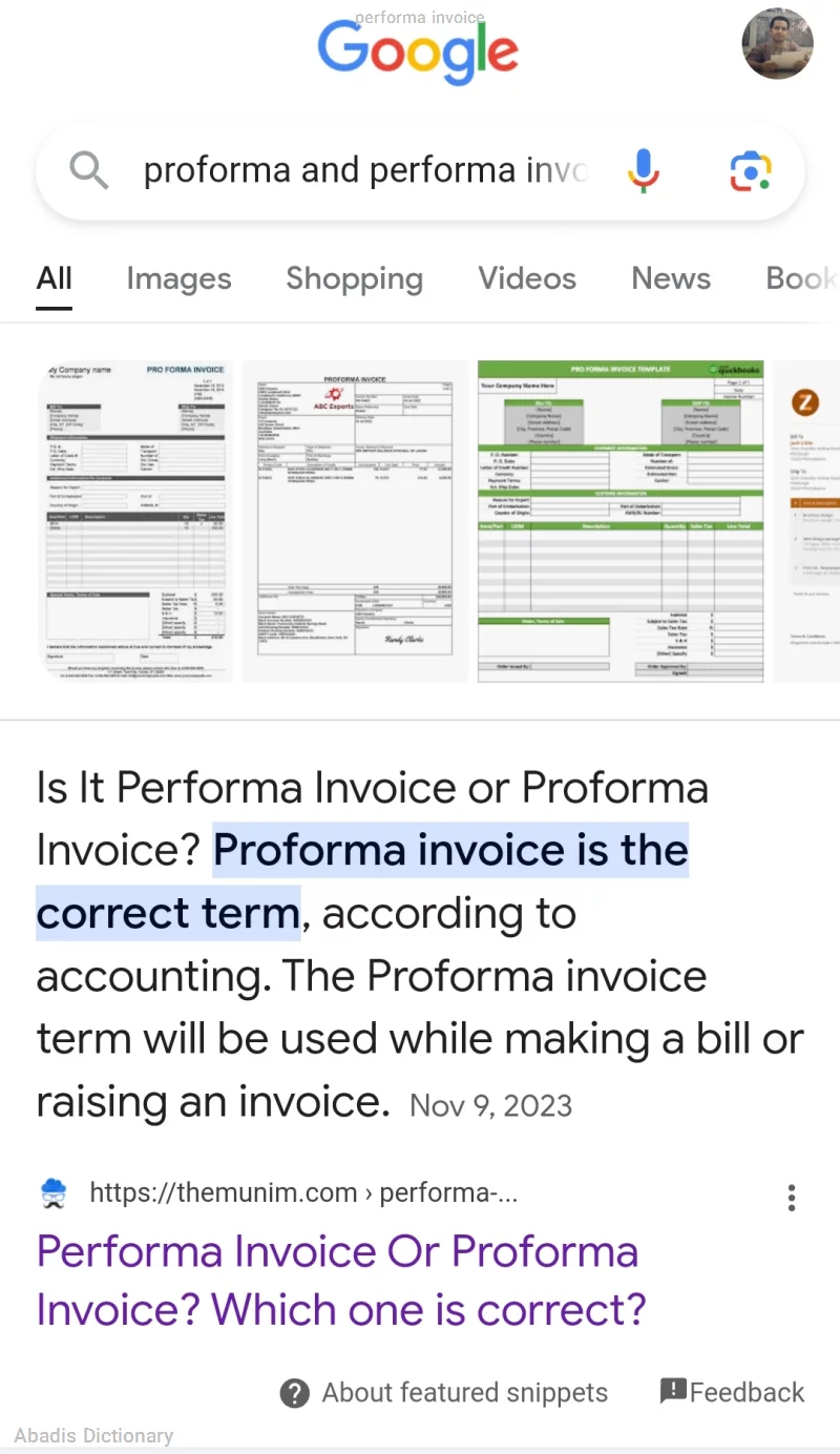 performa invoice - معنی تخصصی در دیکشنری آبادیس