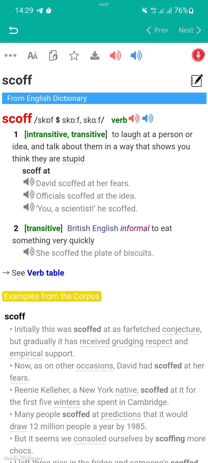 scoff - معنی در دیکشنری آبادیس